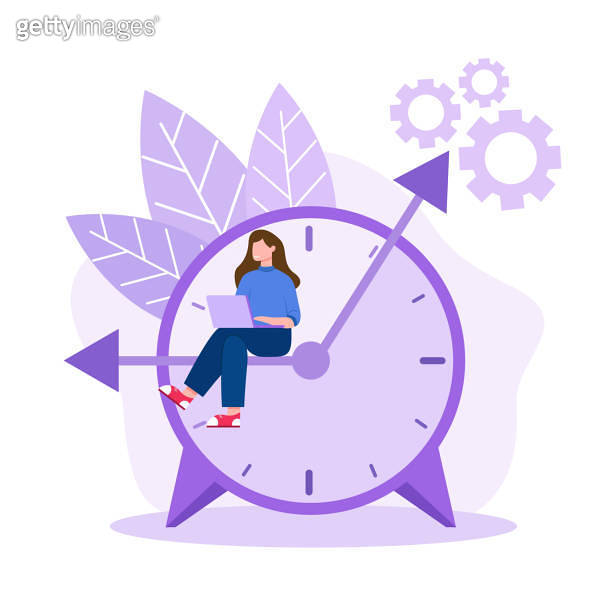 Smart lady sitting on clock and productively working, doing job on time ...