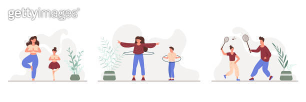 Set of colored cartoon characters of people having regular physical ...