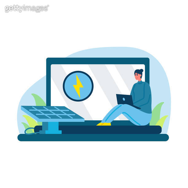 Cartoon character of young woman using solar panel as source of energy ...