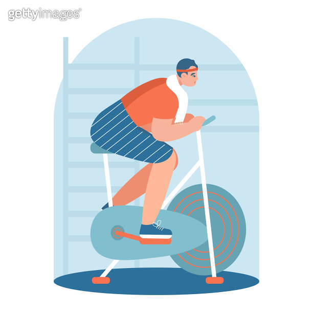 Cartoon character in sporty clothes training on exercise bike ...