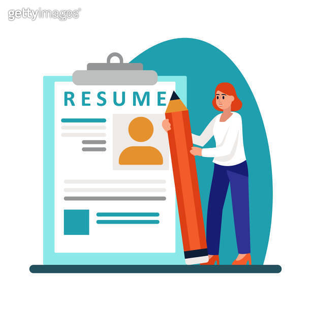 Cartoon character of young woman creating her resume (1481345425) - 게티이미지뱅크