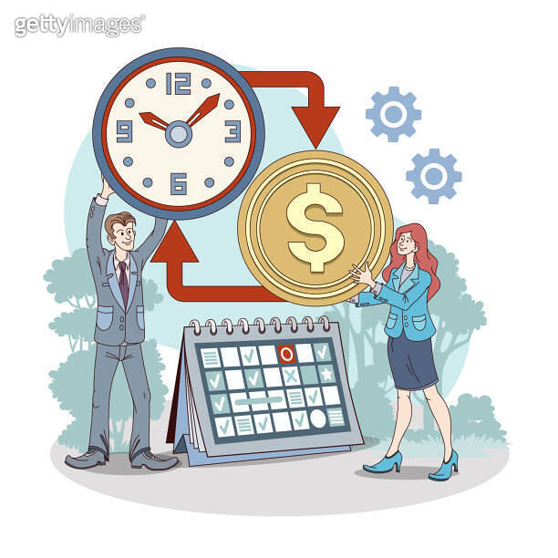 Cartoon male and woman planning working hours. Workers complete tasks ...