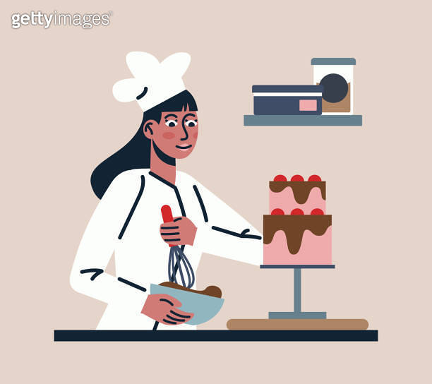 Cartoon character holding bowl and preparing cream for cake. Process of ...