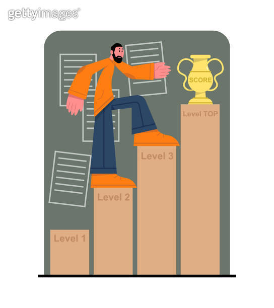 Young man rising up by stairs reaching goals. Handsome employees move ...