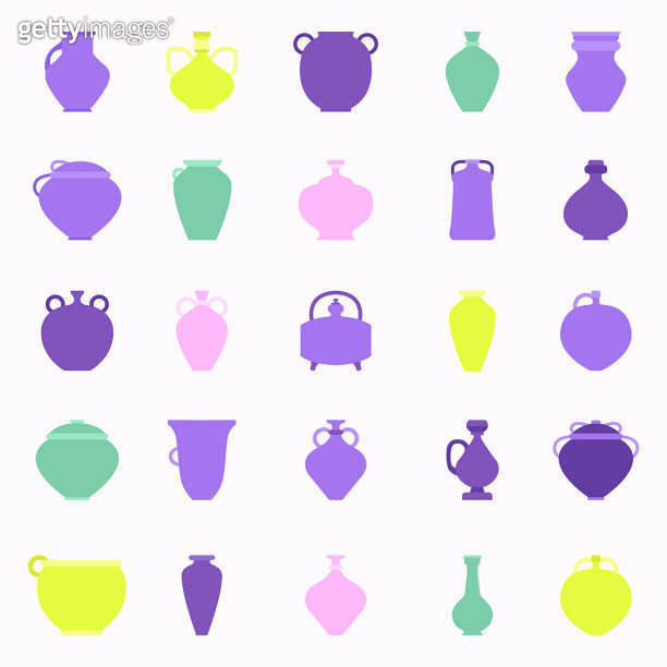 Colorful pots set. Vector flat illustration.Various vases, pots, cups ...