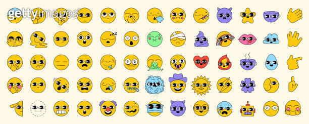 Big set of emoticons with 65 symbols. Collection of sad, angry faces ...