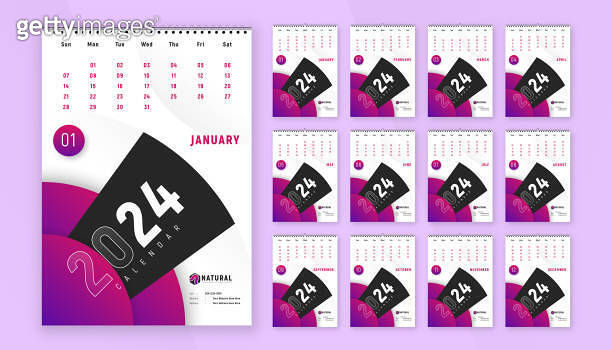 Monthly calendar template design for 2024 year. Week Starts on Sunday ...