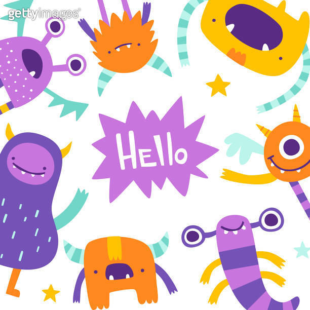 Cute monster frame border template for kids. White vector banner with ...