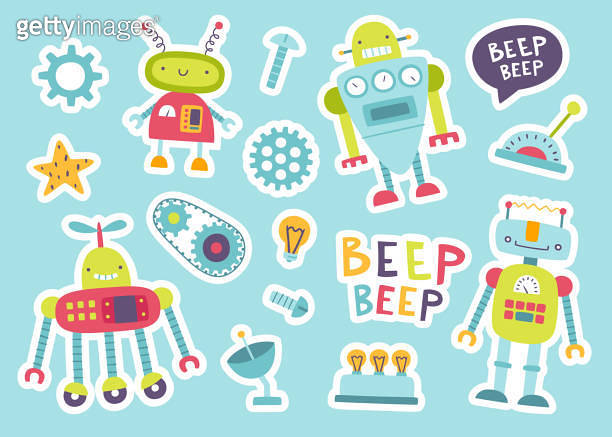 Cute robots stickers set for kids. Cartoon robotic collection for baby ...