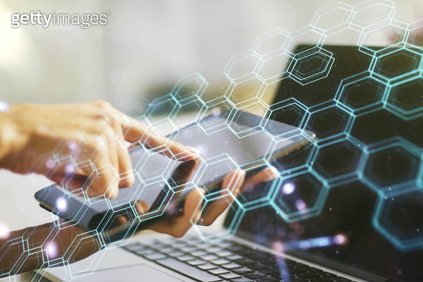 Creative abstract technology sketch with hexagon grid and hand working ...