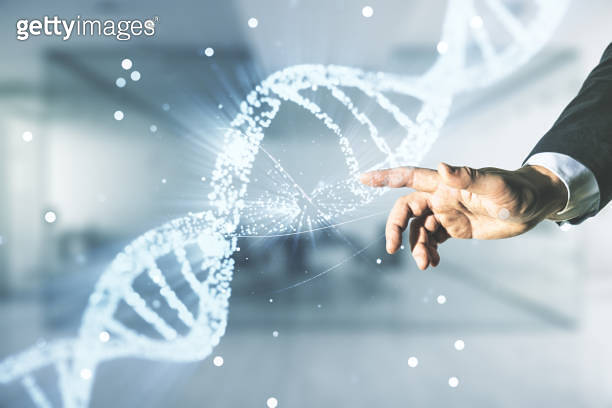 Man hand working with virtual DNA symbol illustration on blurred ...