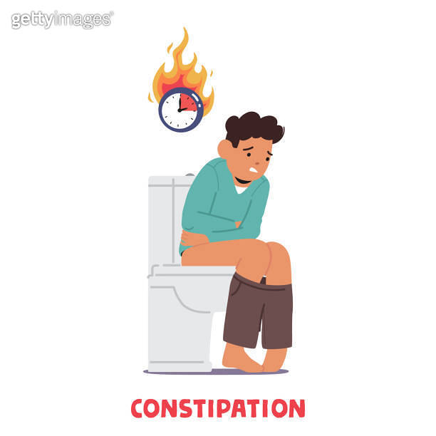 Child Boy Character Sits On A Toilet, Struggling With Constipation ...