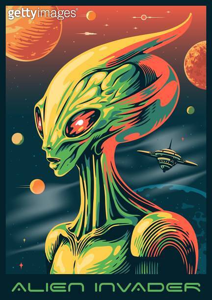 Alien invader colorful vintage flyer 이미지 (1485453169) - 게티이미지뱅크