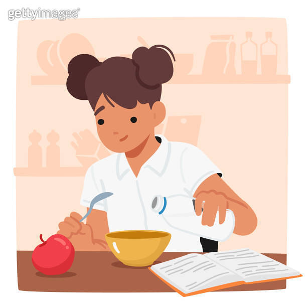 Focused Schoolgirl Character Engrossed In Reading While Eating her ...
