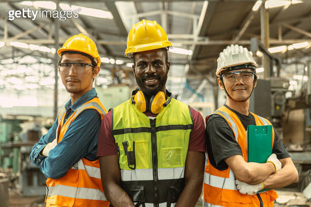portrait three man engineer worker team standing arm crossed confident ...