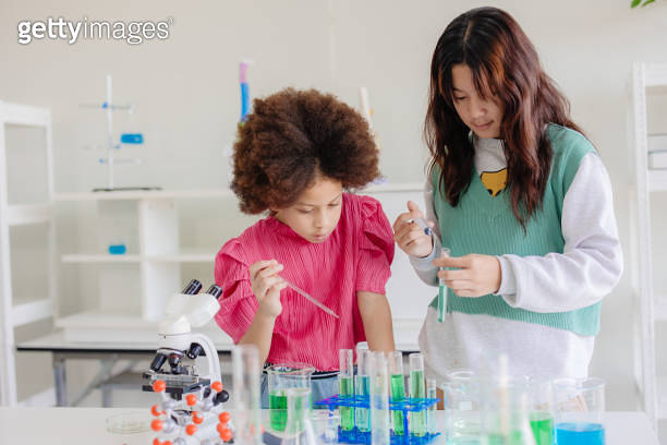 Afro black kid diversity children playing in science chemical lab for ...