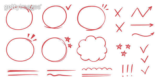 Red line check mark, underline, circle. Hand drawn doodle sketch red ...