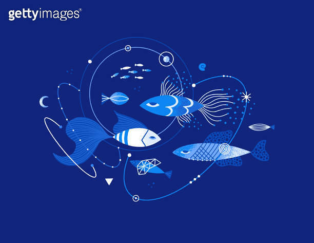 Cosmic fish and planetary axes. Magic underwater life. Space marine ...