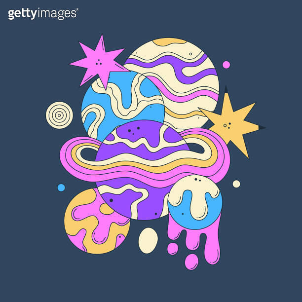 Vibrant vector illustration with abstract patterned planets, stars on ...