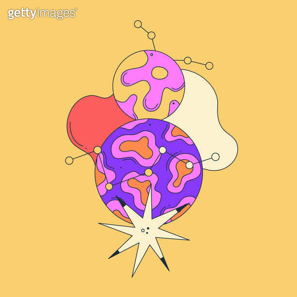 Vibrant vector illustration with abstract patterned planets, stars on ...