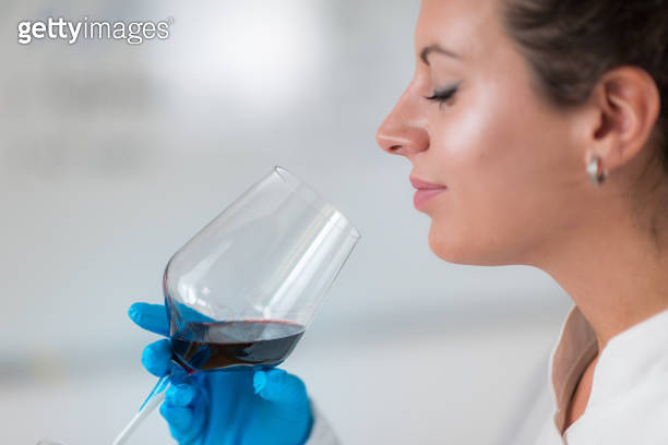 Smelling red wine sample in a modern laboratory for quality control 이미지 ...