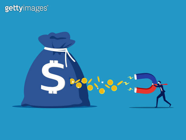 Source of money or cash flow. Businessman uses magnet to suck money ...