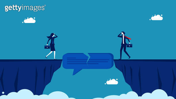 Unclear information concepts. Businessmen communicate with broken ...