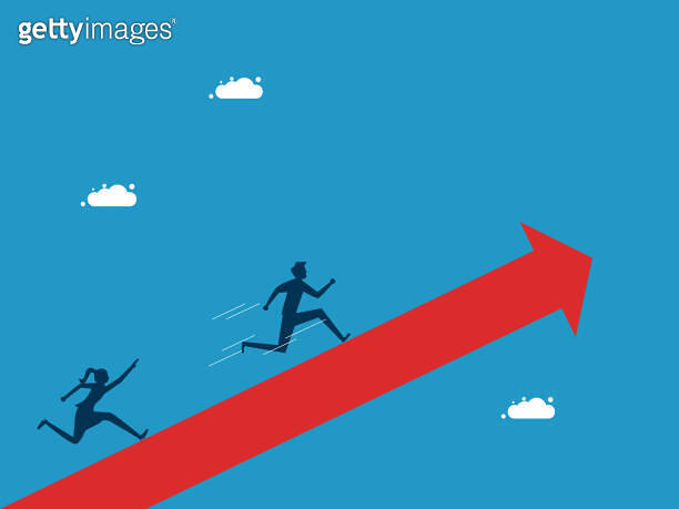 Advance business quickly. Businessman running on big growth arrow 이미지 ...
