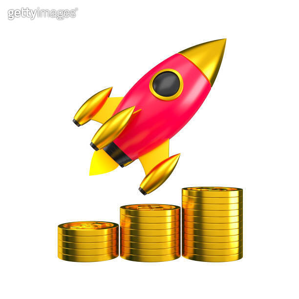 Red rocket launching with dollar coin stacks isolated. Spaceship of growth currency money rate ...
