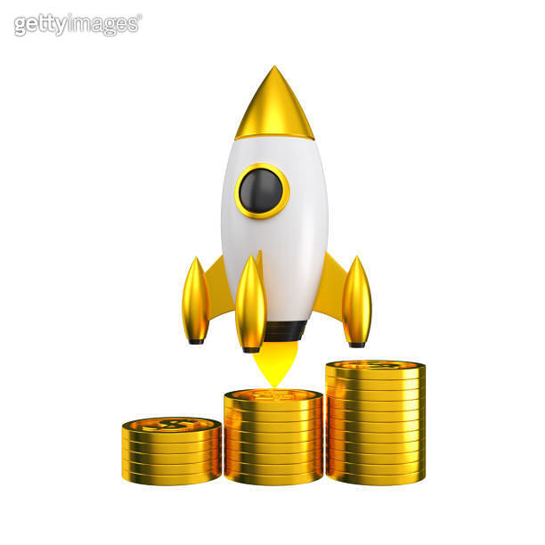 Rocket launching with dollar golden coin stacks isolated. Cartoon spaceship of growth currency ...