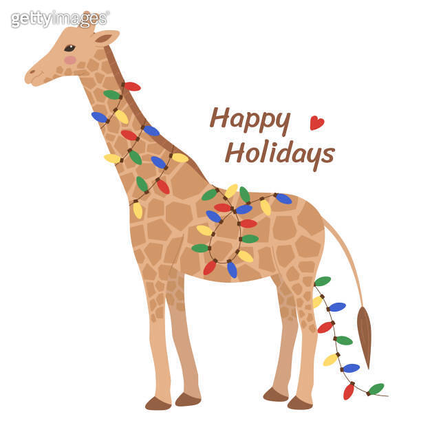 Cute giraffe with garland around his neck and body isolated on a white ...