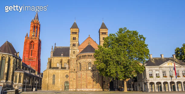 Panorama of historic buildings at tthe Vrijthof square in Maastricht ...