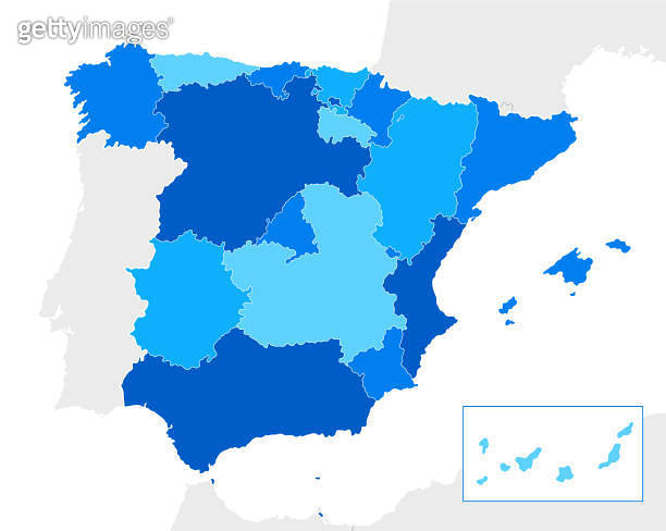 High detailed Spain Blue map with Regions and national borders of ...