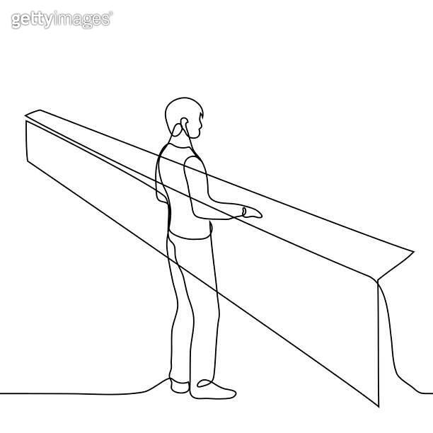 man stands by a wide railing and looks beyond the horizon - one line ...