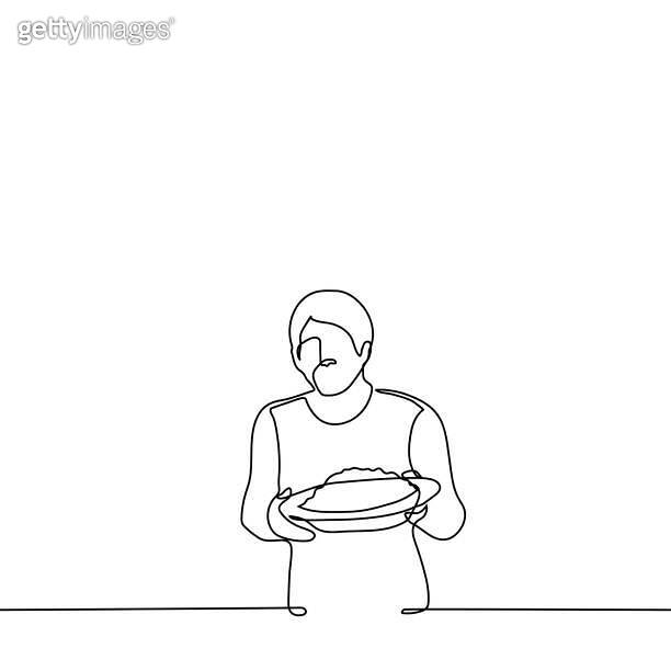 man holds out full plate of food - one line drawing vector. concept ...