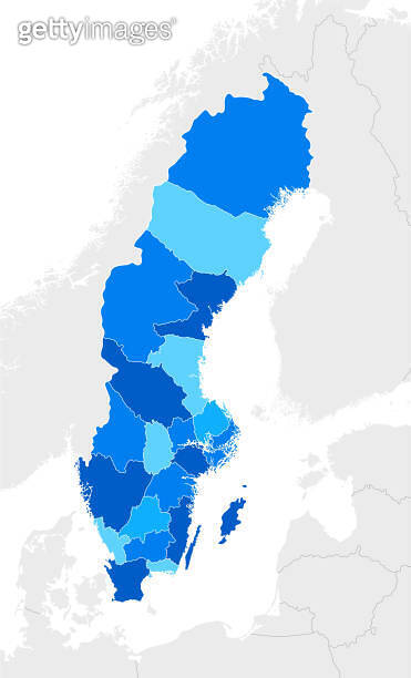 High detailed Sweden Blue map with Regions and national borders of ...