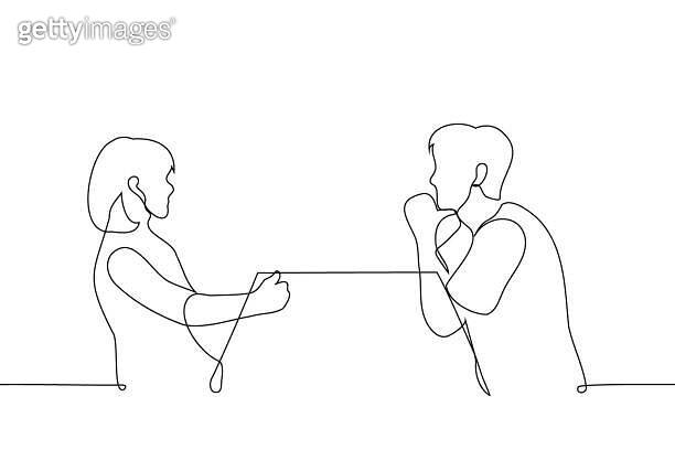 man and woman are sitting at the table opposite each other - one line ...