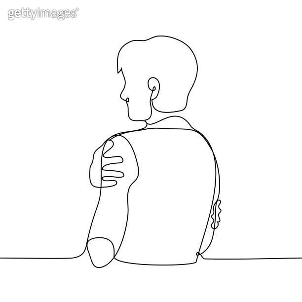 man stands hugging himself - one line drawing vector. the concept of ...