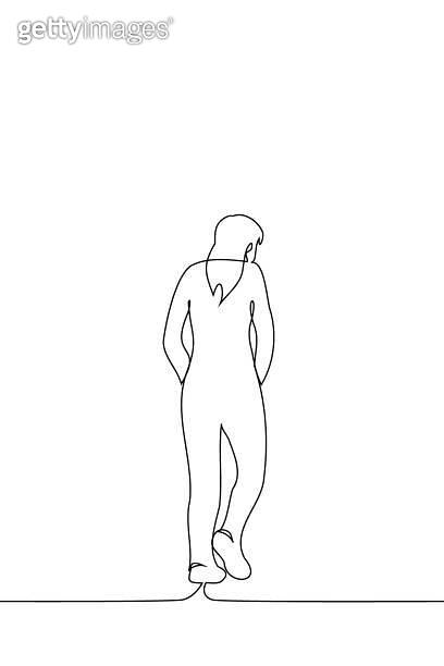 woman walks away hunched over with her hands in her pockets - one line ...