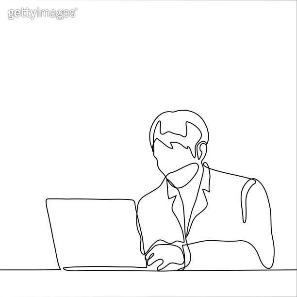 man in a jacket works at a laptop. One continuous line drawing ...