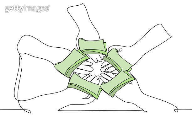 hands of five people with paper money divided equally - one line art ...