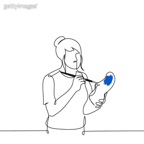 woman paints sneakers with brush - one line drawing vector. concept ...