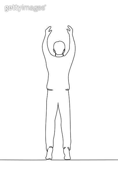 man reaches up with both hands - one line art vector. concept of ...