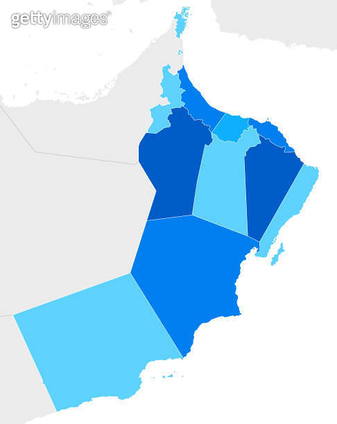 High detailed Oman Blue map with Regions and national borders of United ...