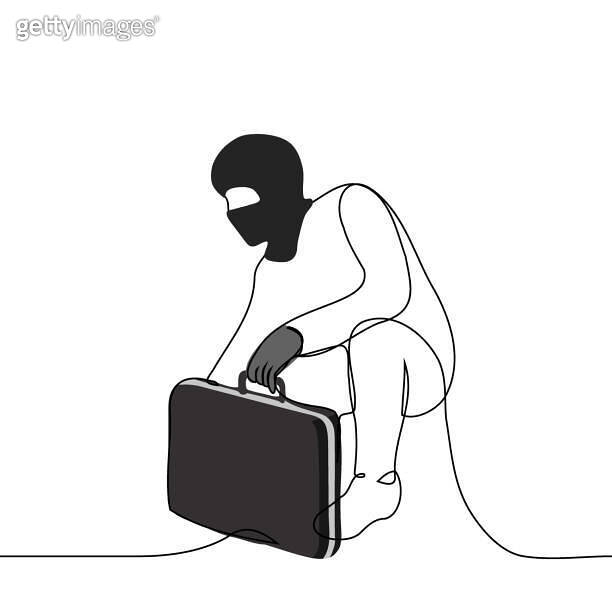 robber in a balaclava sat down on his knee on the floor without letting ...