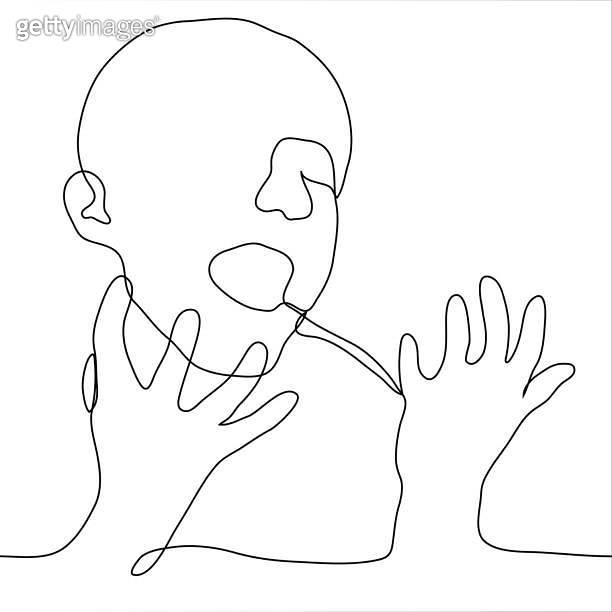 face of a screaming man who spread his fingers. one line drawing ...