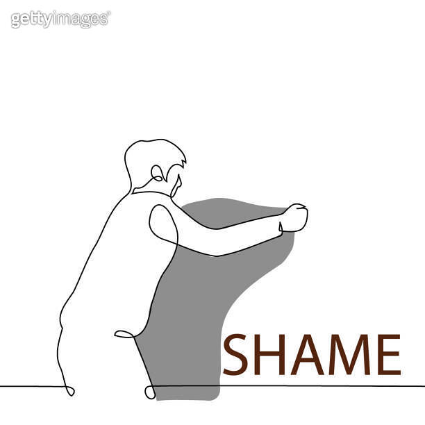 man stands and covers the word SHAME with a blanket - one line art ...