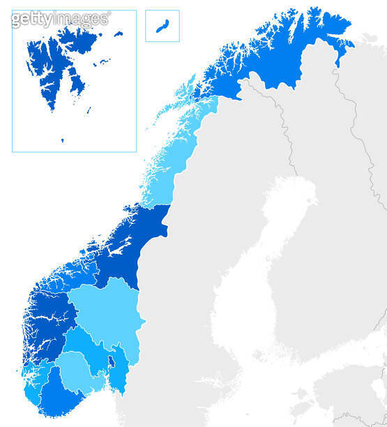 High detailed Norway Blue map with Regions and national borders of ...