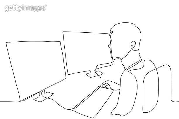 man sits in front of two monitors. one line drawing works at once for ...