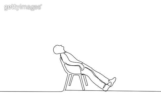 man sits on chair stretching his body in straight line and face ...